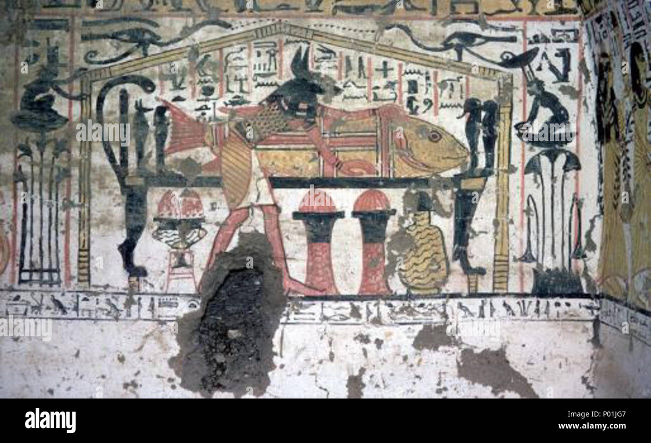 . English: Khabekhnet mummified as abdw-fish, painting of his tomb TT2 ...
