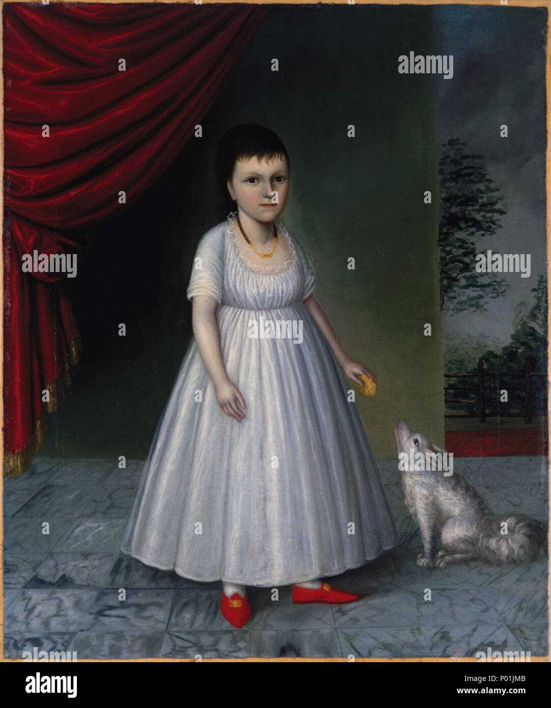 . Young girl in white dress and red shoes, dog . English: Letitia Grace ...