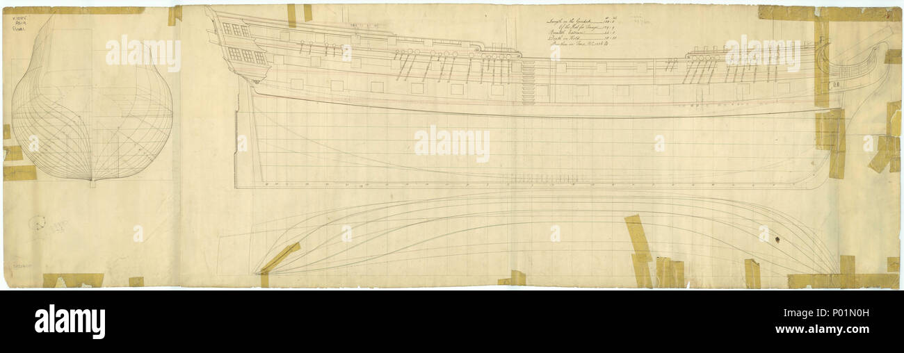 . English: 'Asia' (1764) Scale: 1:48. Plan showing the body plan, sheer ...