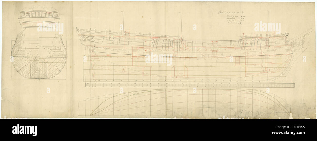 . English: 'Brilliant' (1759) Plan showing the body plan, sheer lines ...