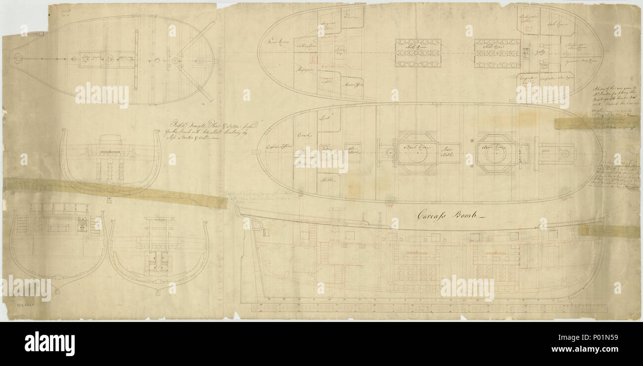 . English: 'Carcass' (1759) Scale: 1:48. Plan showing the inboard ...