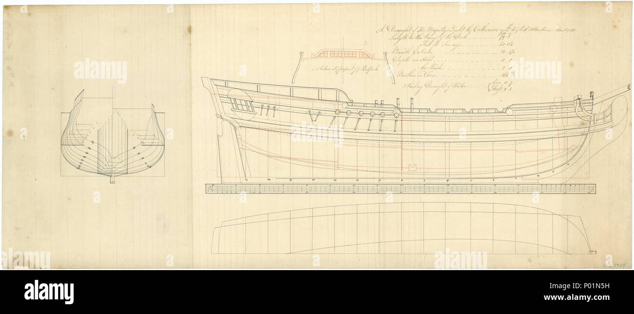 . English: 'Catherine' (circa 1721) Plan showing the body plan, sheer ...