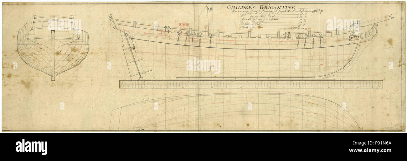 . English: 'Childers' (1778) Plan showing the body plan, sheer lines ...