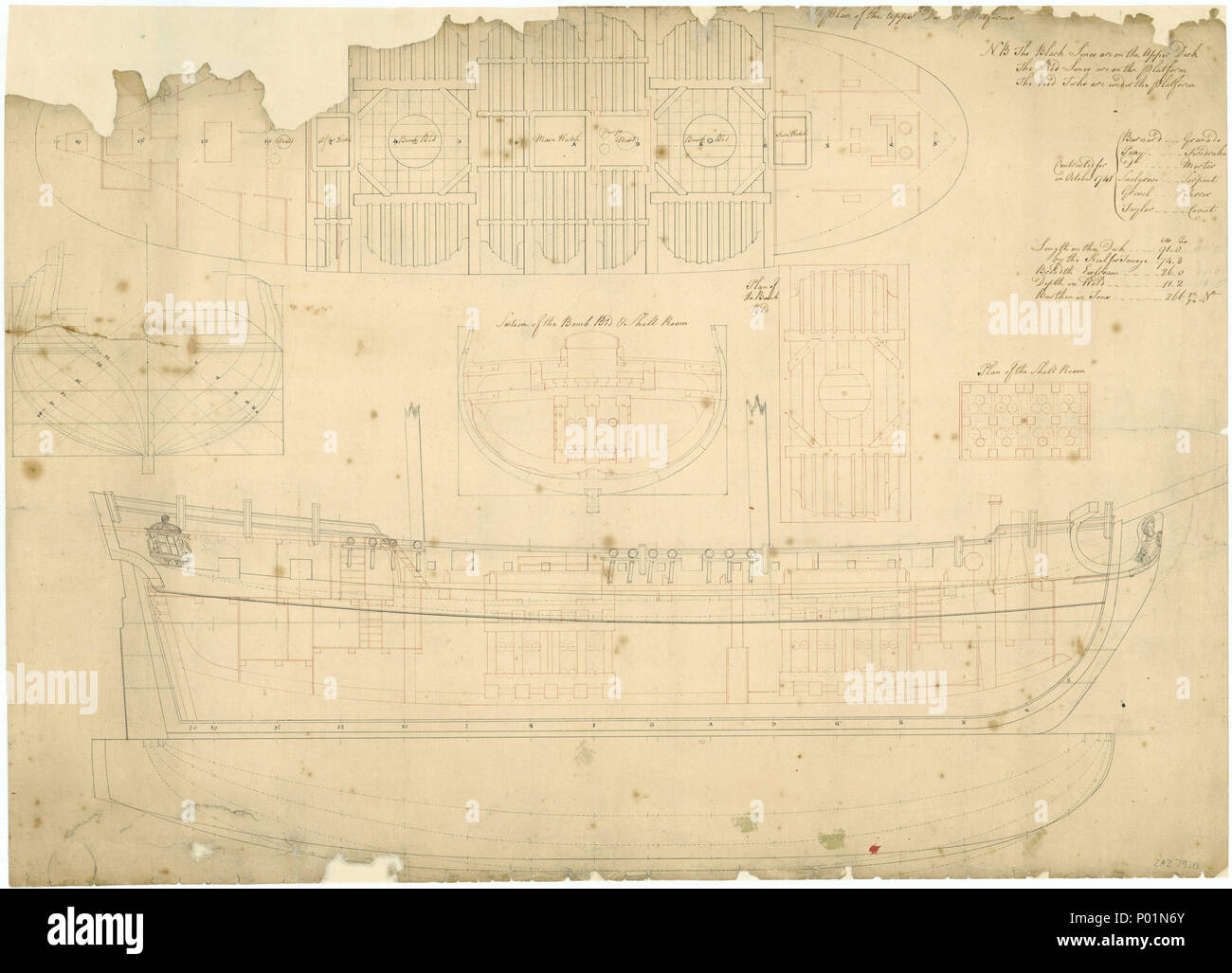 . English: 'Comet' (1742) Plan showing the body plan, sheer lines, deck ...