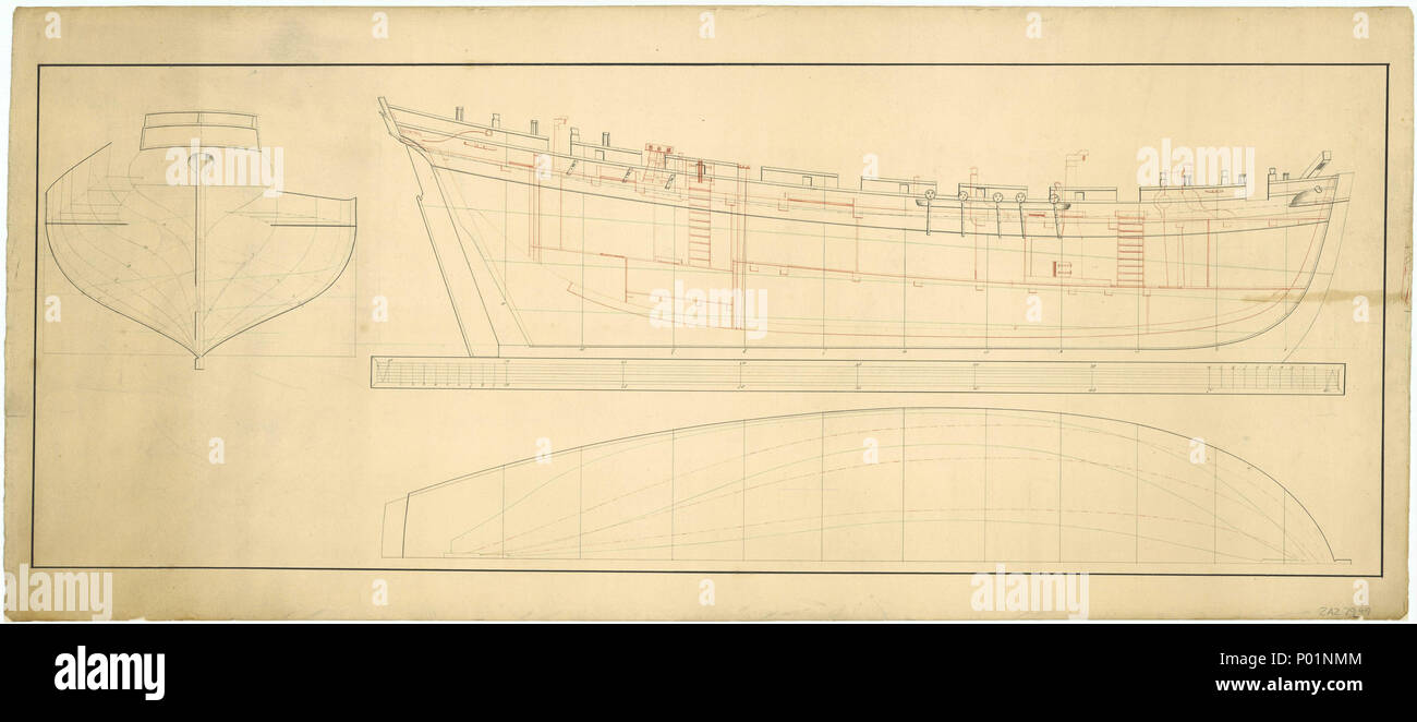 . English: 'Kite' (1764) Plan showing body plan, sheer lines ...