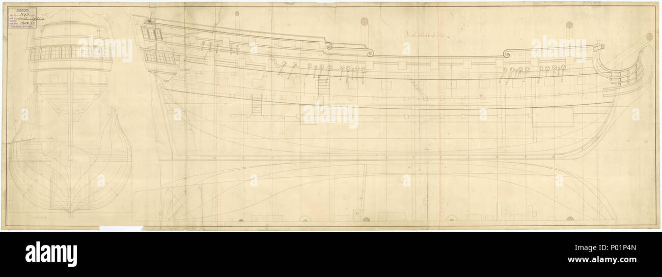 . English: 'Northumberland' (1750) Scale: 1:48. Plan showing the body ...