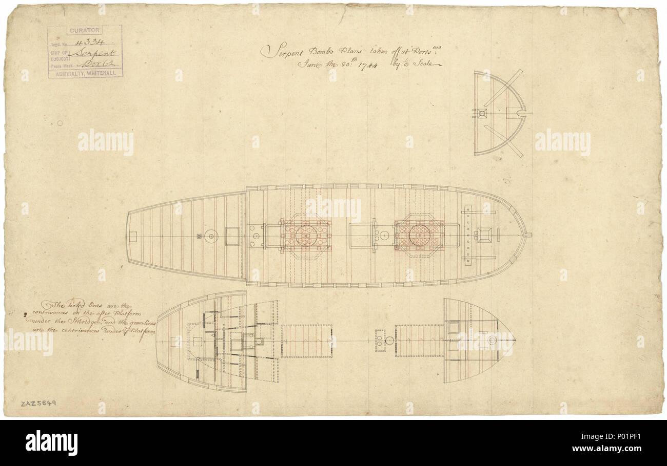 . English: 'Serpent' (1742) bomb vessel Scale: 1:96. A plan showing the ...