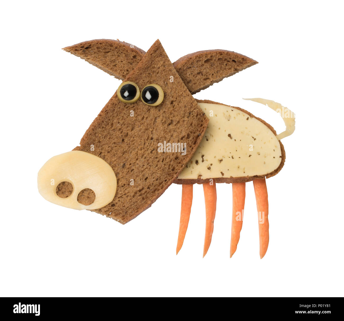 Pig made with bread and cheese on white background Stock Photo - Alamy