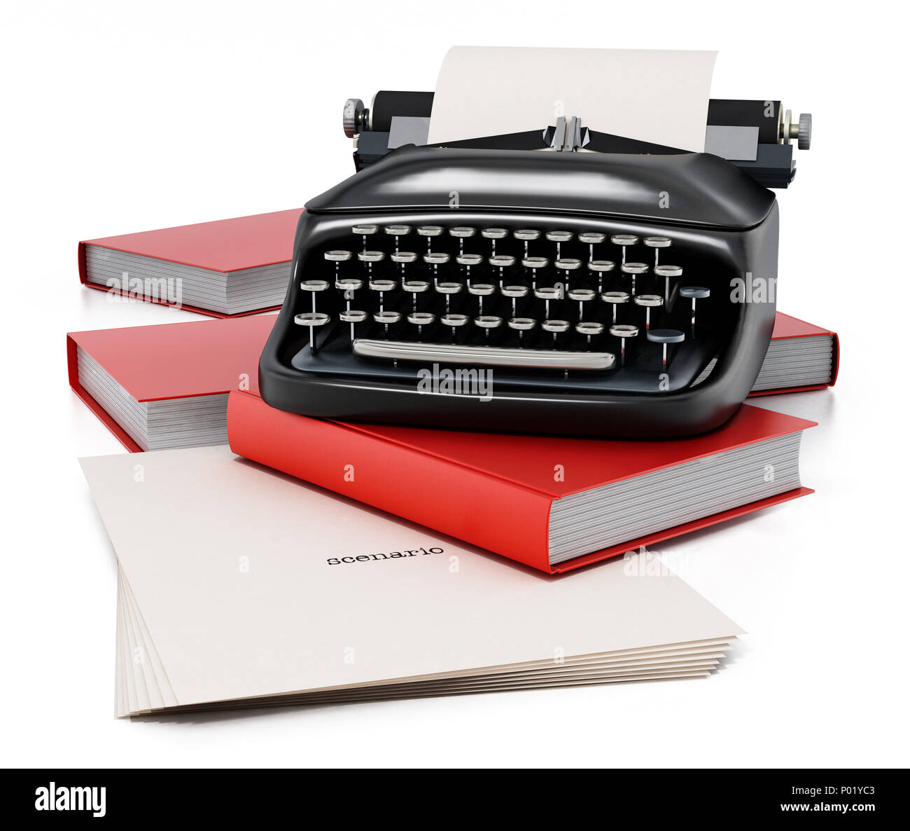 Typewriter, books and paper sheet with scenario text isolated on white background. 3D ...