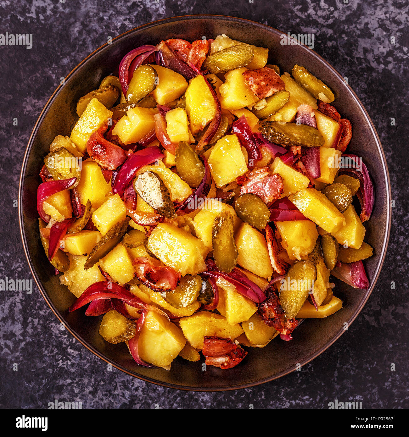 Homemade potato salad with bacon and pickles, top view Stock Photo - Alamy