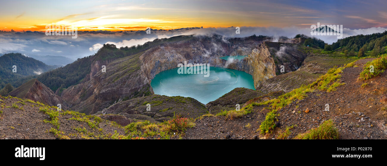 Sunrise over Mount Kelimutu volcano crater lake, Flores, Indonesia ...