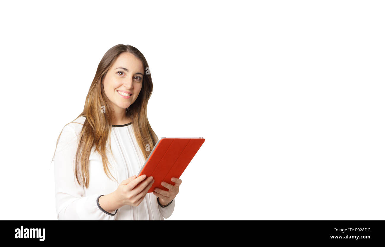 Happy office woman reading tablet pc on whitewith tablet Stock Photo ...