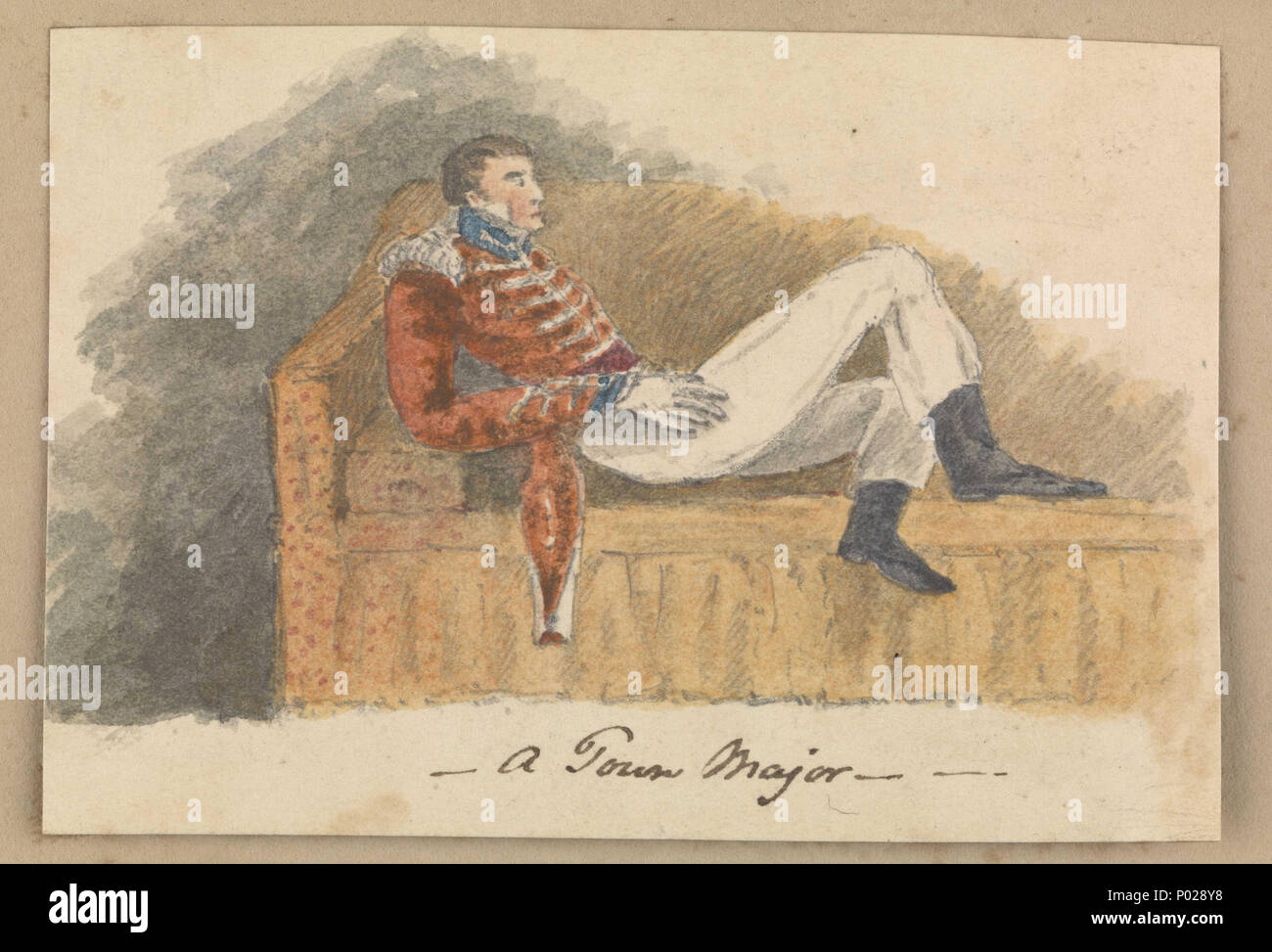 . English: 'A Town Major' - a soldier in uniform lounging on a sofa ...