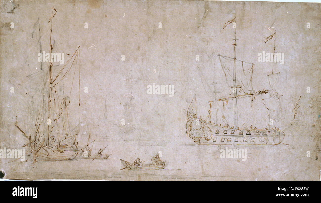 . English: A calm with a galliot and a ship at anchor In the left ...