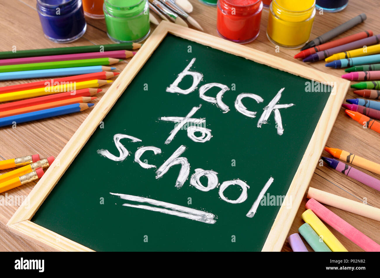 The words Back to School written on a small elementary blackboard with ...