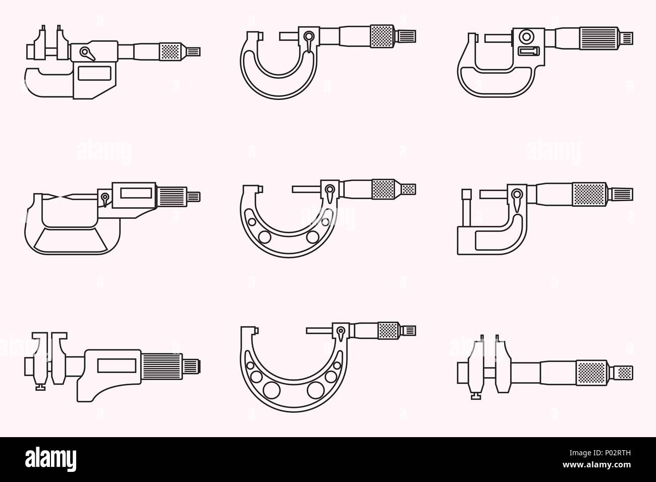Set of measuring instruments. Micrometer. Silhouette vector. Thin line ...