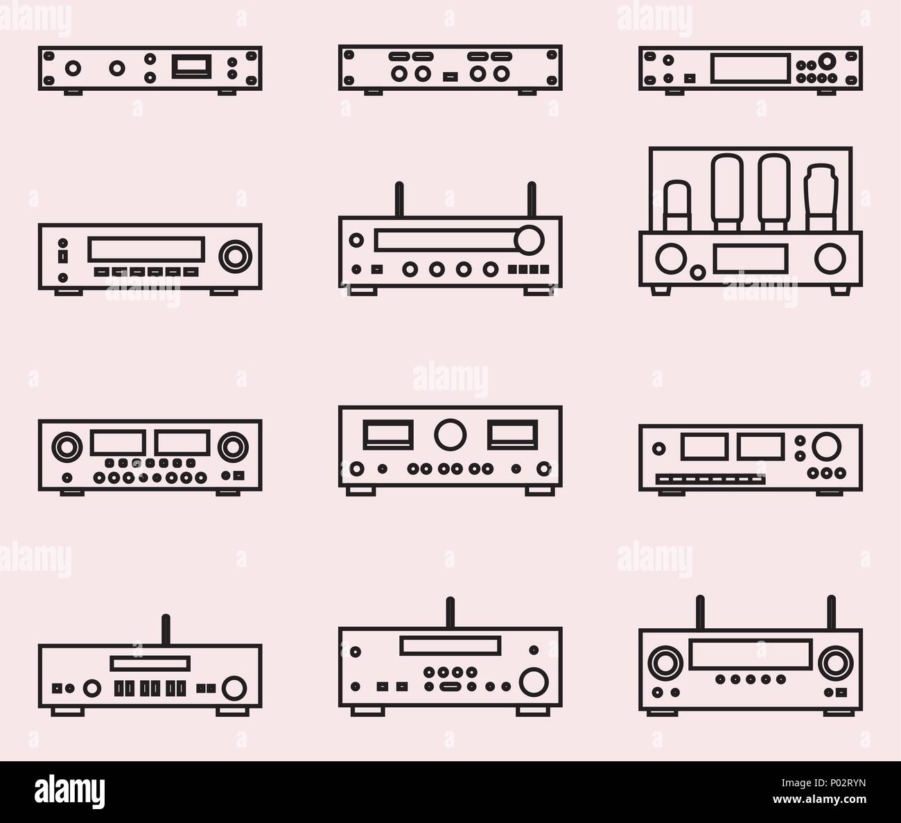 Audio equipment for music experience. Amplifier and receiver. Thin line ...