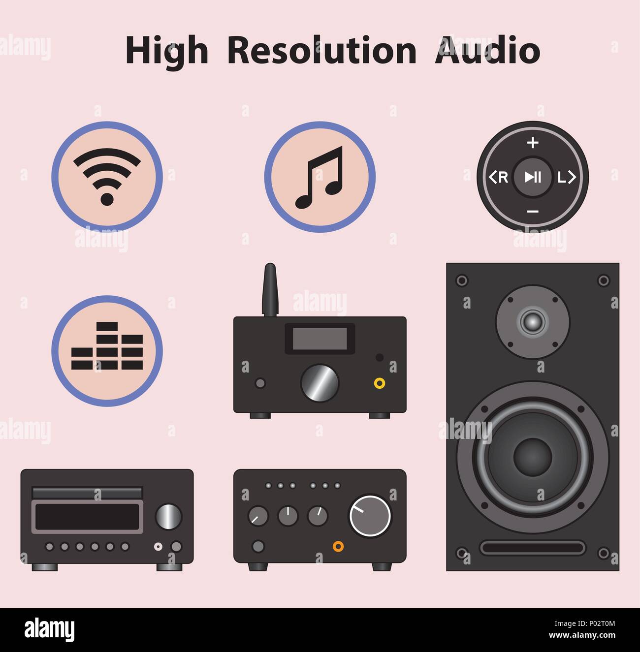Set of audio equipment and volume symbol on light pink backgrounds ...