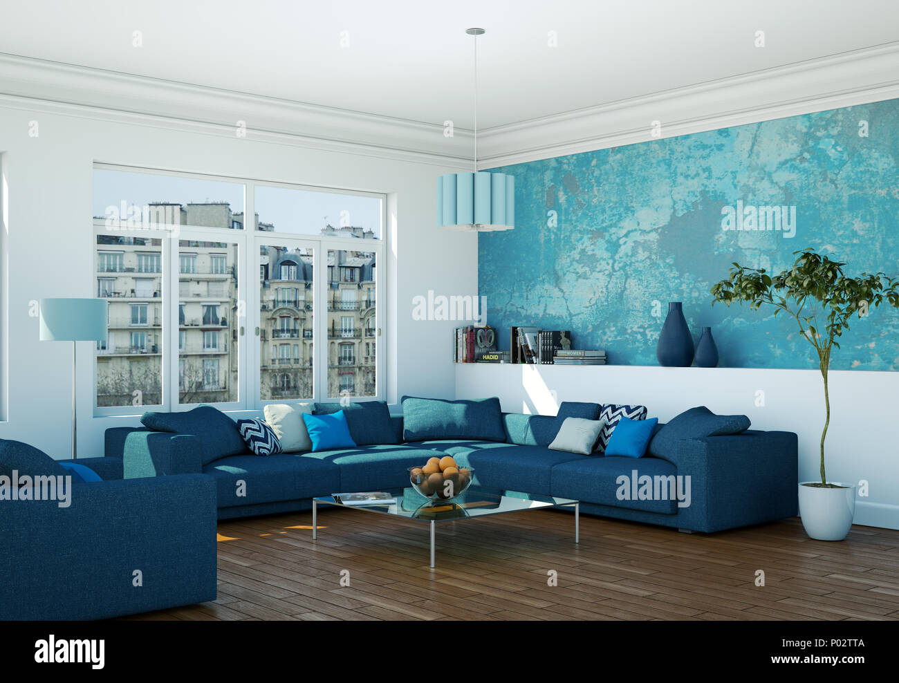 Modern bright living room interior design with blue sofas Stock Photo ...