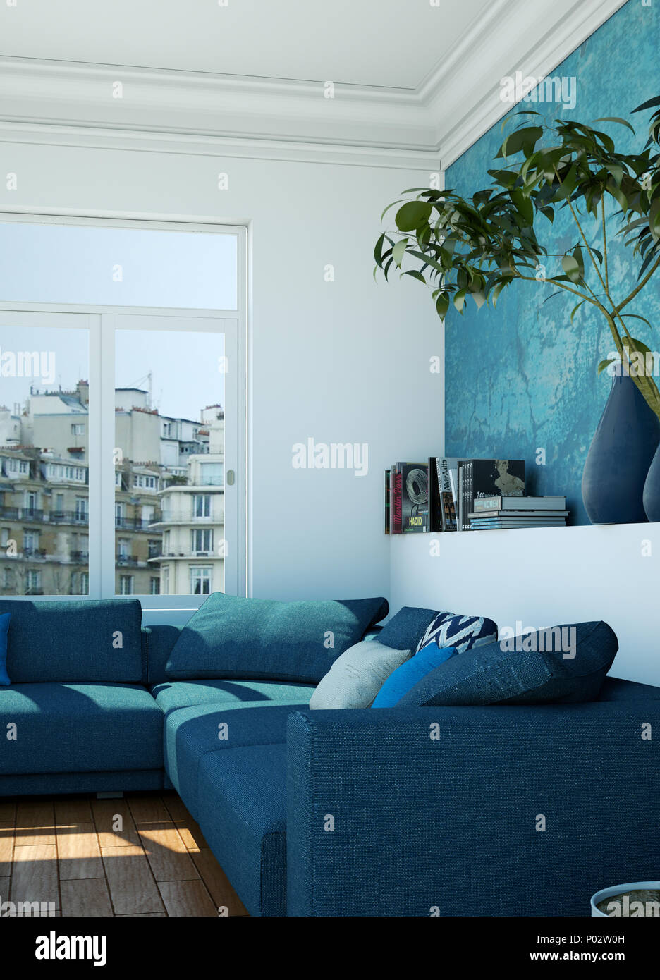Modern bright living room interior design with blue sofas Stock Photo ...