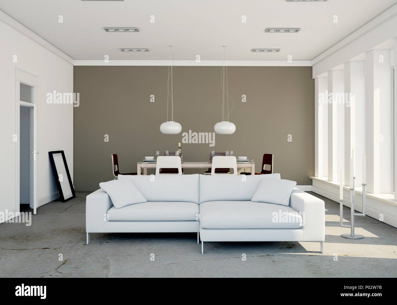 Modern bright room interior design with sofa and dining table Stock ...