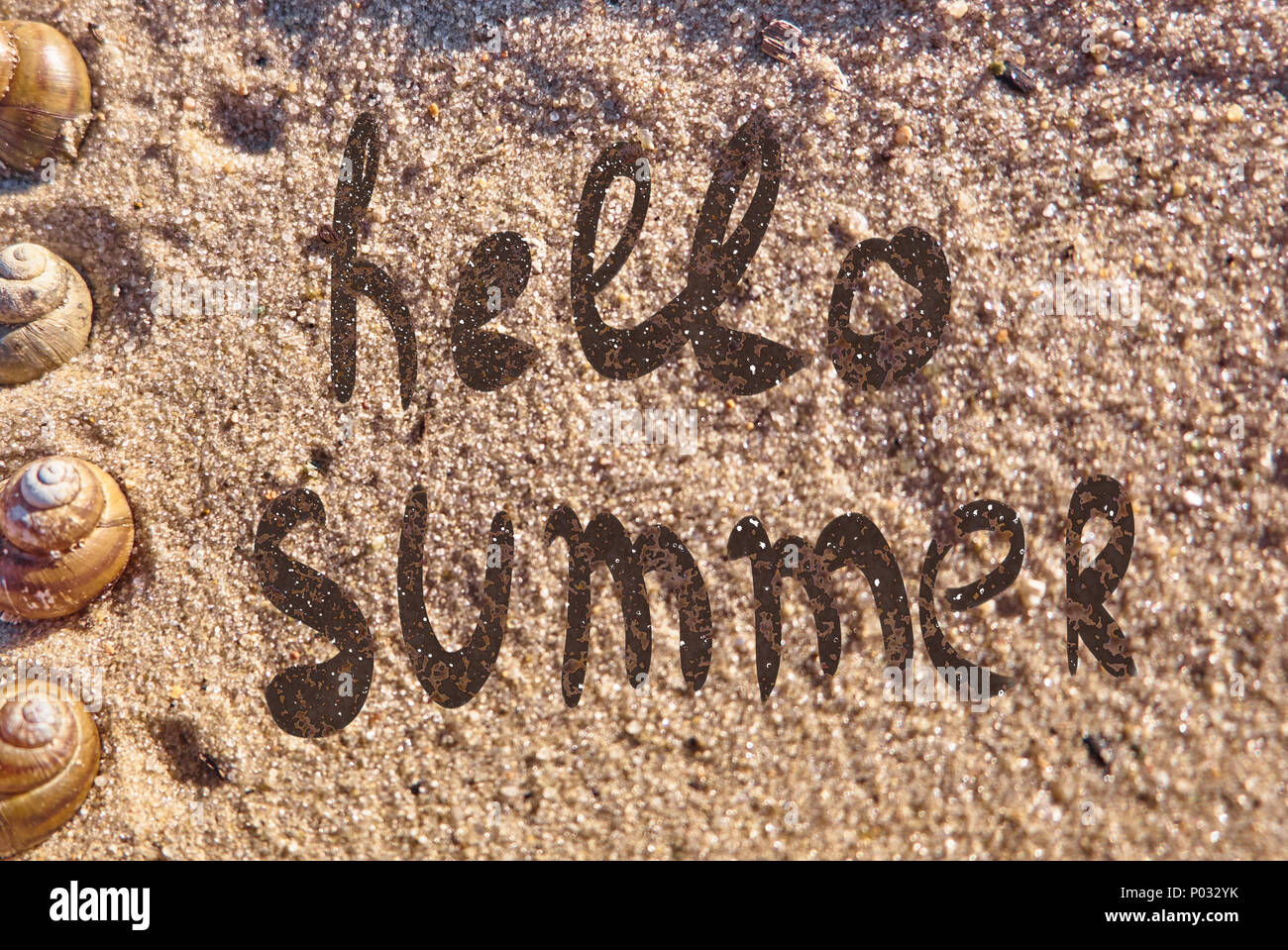 Hello summer text drawn on a beach sand with seashells Stock Photo - Alamy