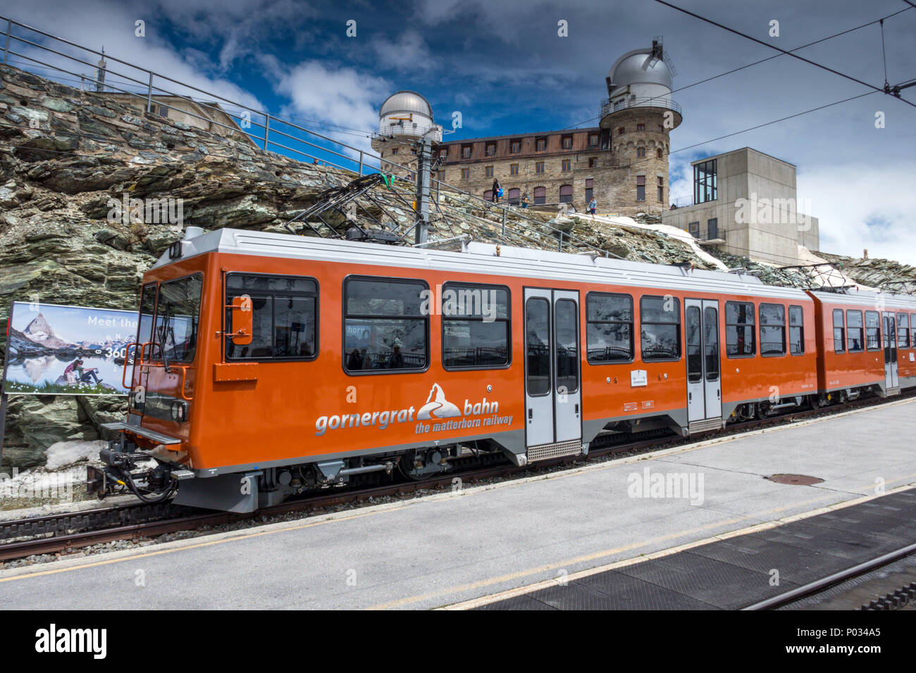 Hotel, observatory and trains at Gornergrat at the end of the train ...