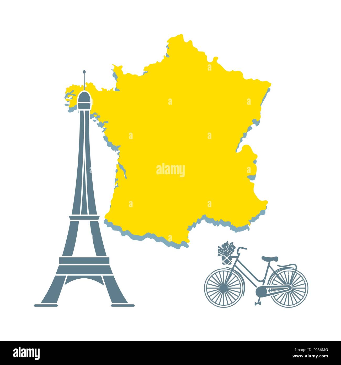 Map of France, famous tower of Paris, bicycle with a basket of flowers ...