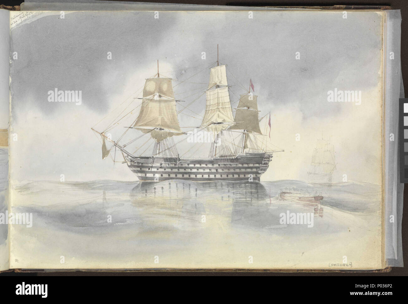 . English: (Recto) 'Britannia' hove to in a calm to receive a boat ...