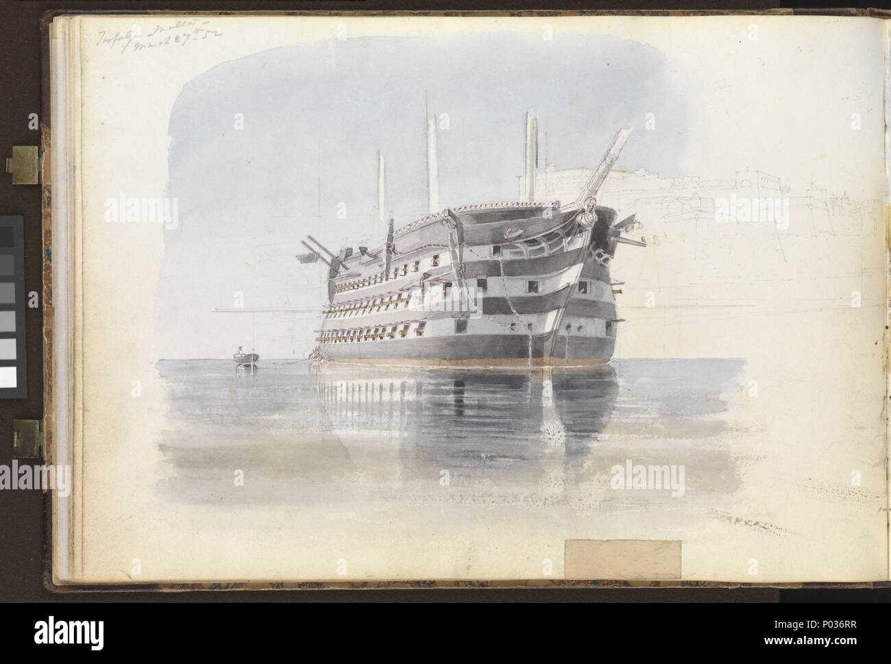 . English: (Recto) HMS 'Trafalgar' sailing into Malta Harbour with loss ...