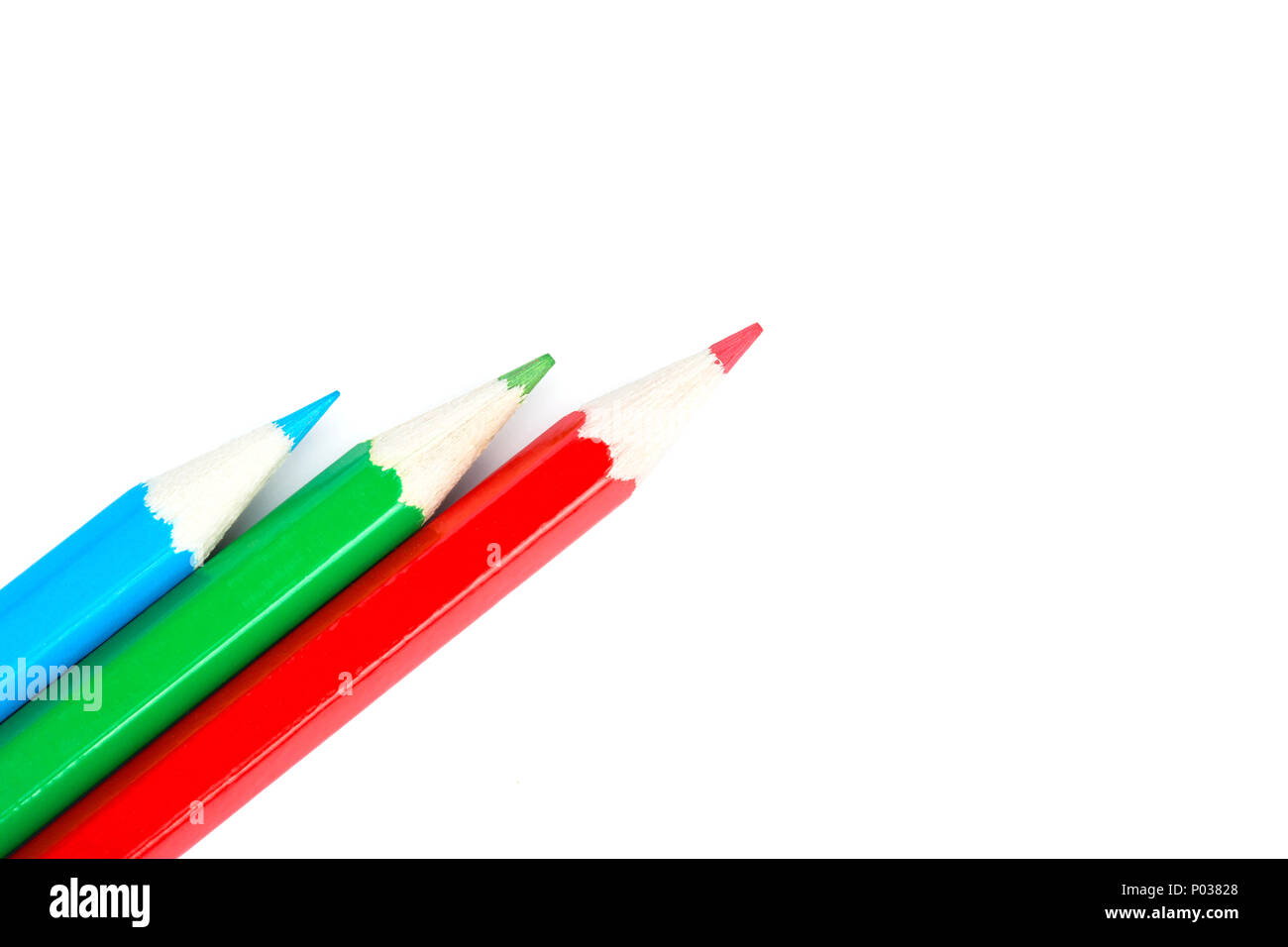 Three pencils, red, green and blue on a white background Stock Photo ...