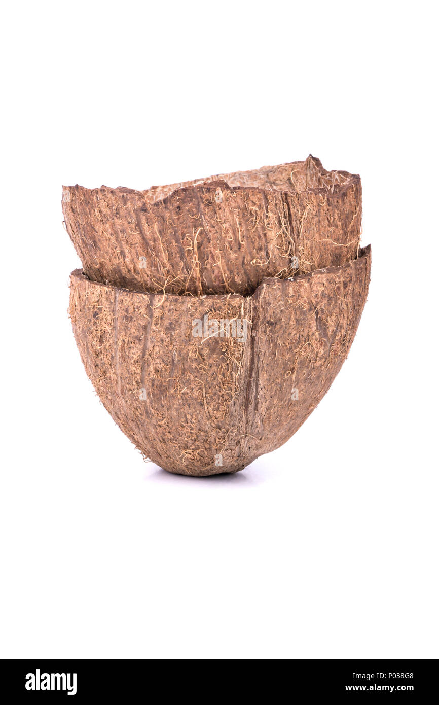 Two halves of a coconut shell fruit on a white background Stock Photo ...