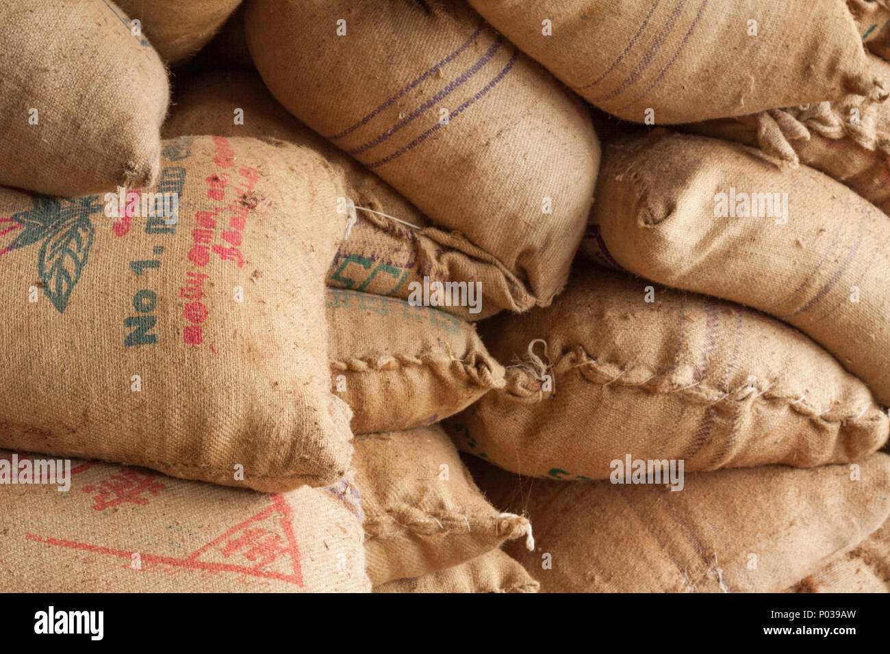 Sacks of tea in the Kolukkumalai tea factory, Kerala, India Stock Photo ...