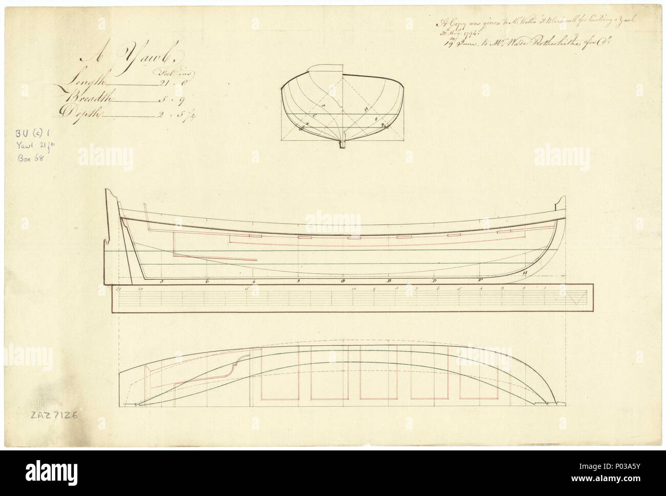 . English: 21 ft Yawl Scale: 1:24. Plan showing the body plan, sheer ...