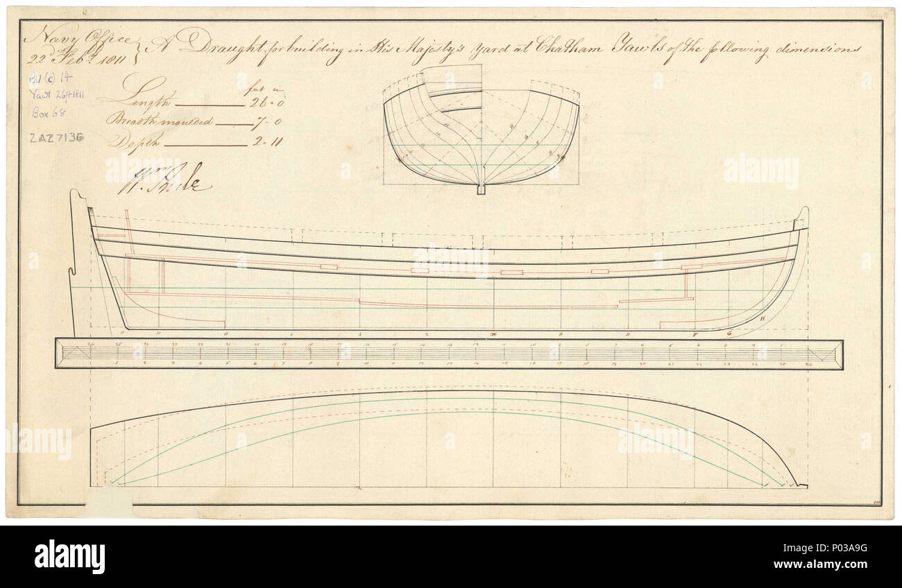 . English: 26 ft Yawl Scale: 1:24. Plan showing the body plan, sheer ...