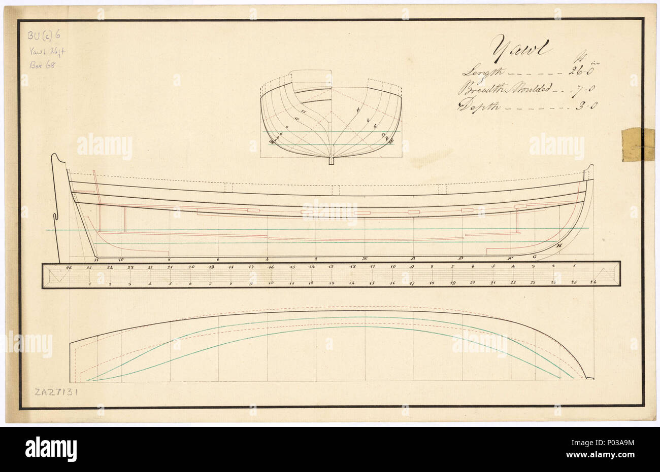 . English: 26 ft Yawl Scale: 1:24. Plan showing the body plan, sheer ...