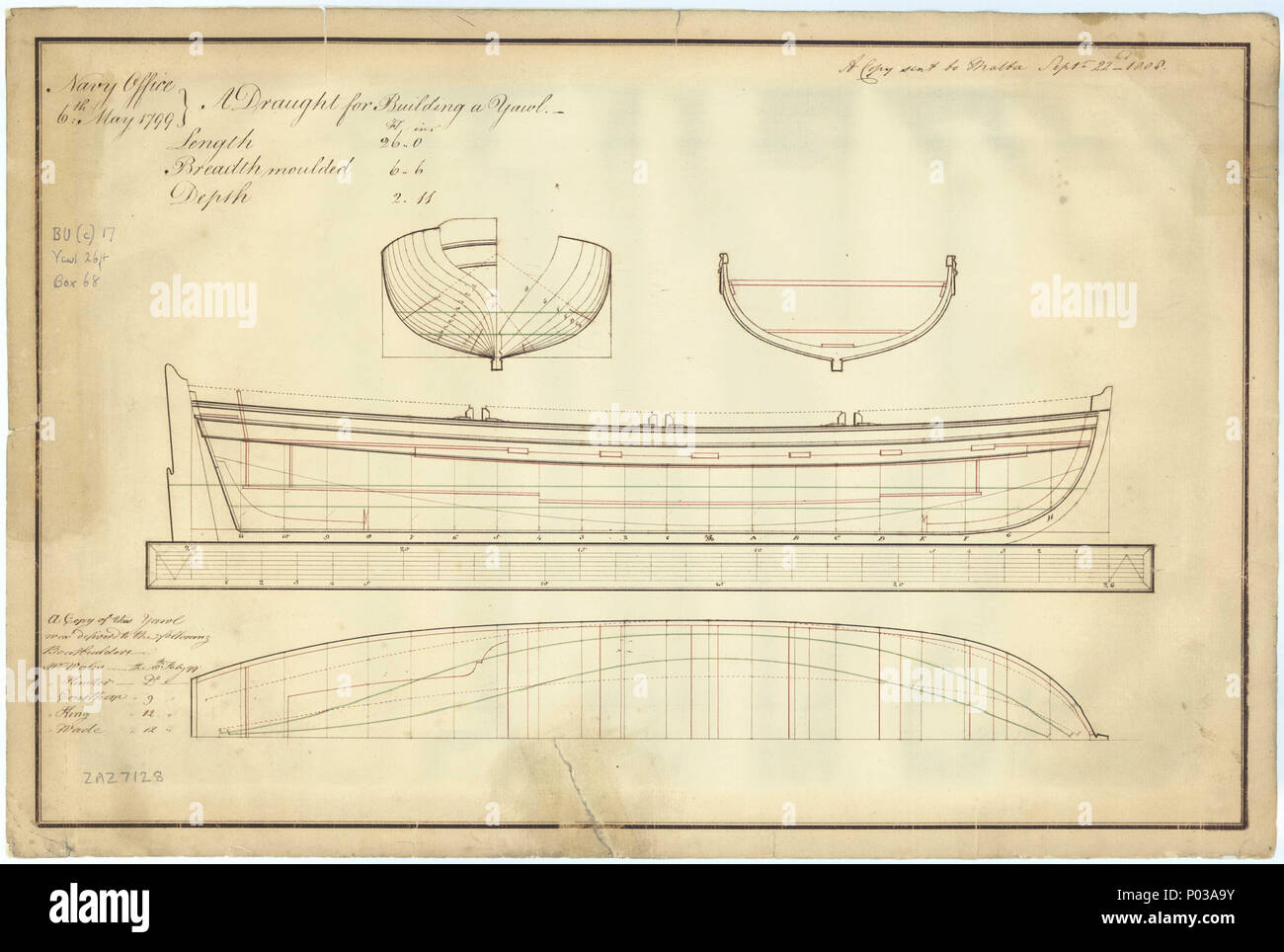 . English: 26 ft Yawl Scale: 1:24. Plan showing the body plan, section ...