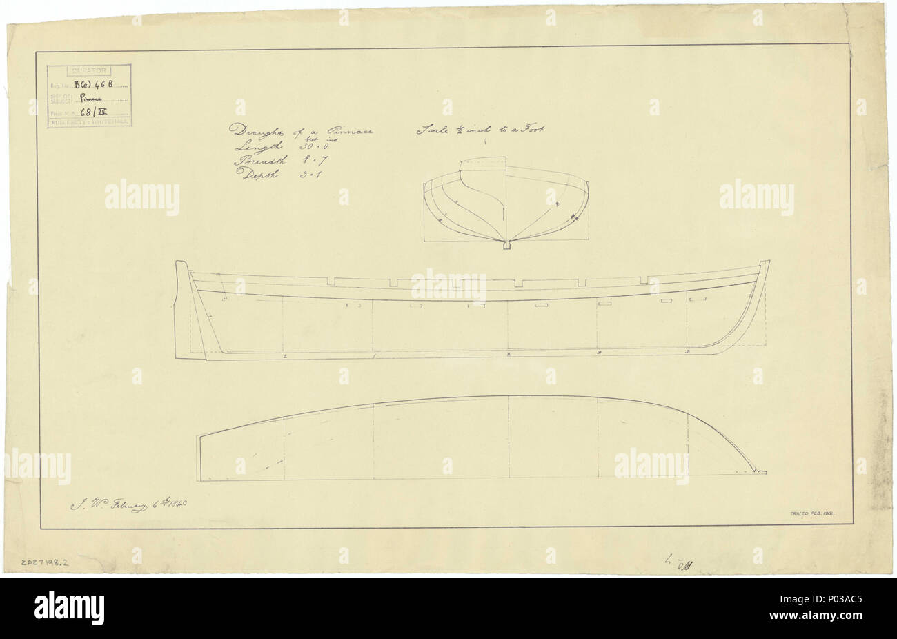 . English: 30 ft Pinnace Scale: 1:24. Plan showing the body plan ...
