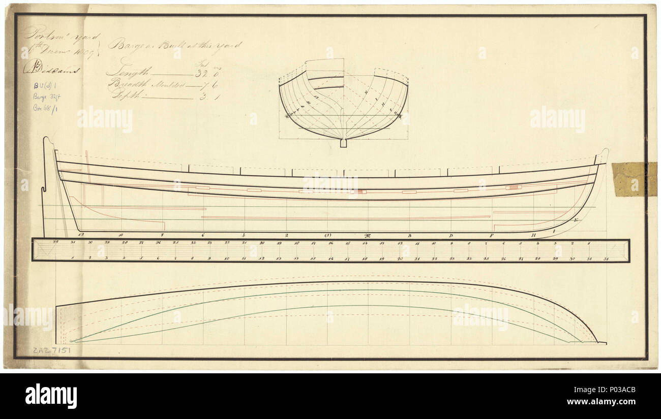 . English: 32 ft Barge Scale: 1:24. Plan showing the body plan, sheer ...