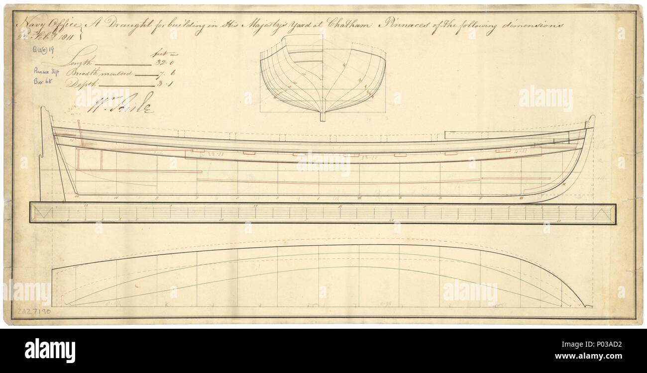 . English: 32 ft Pinnace Scale: 1:24. Plan showing the body plan, sheer ...