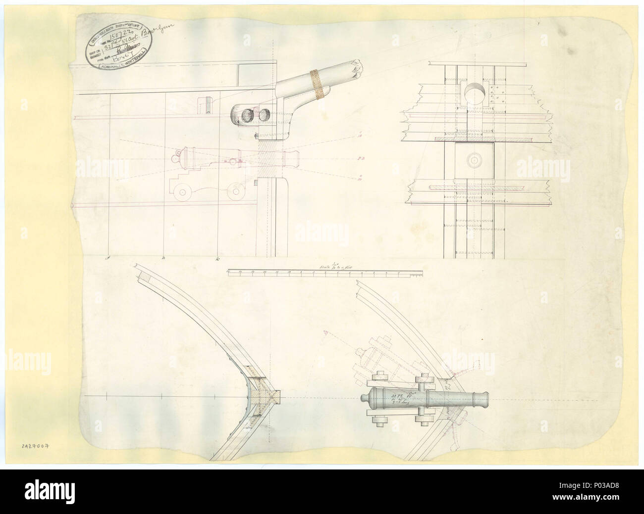 . English: 32 pounder bow gun Scale: 1:24. Plan showing the starboard ...