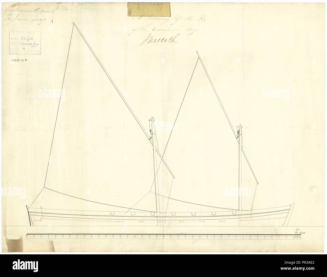 . English: 37 ft Commissioners' Barge Scale: 1:24. Plan showing the rig ...