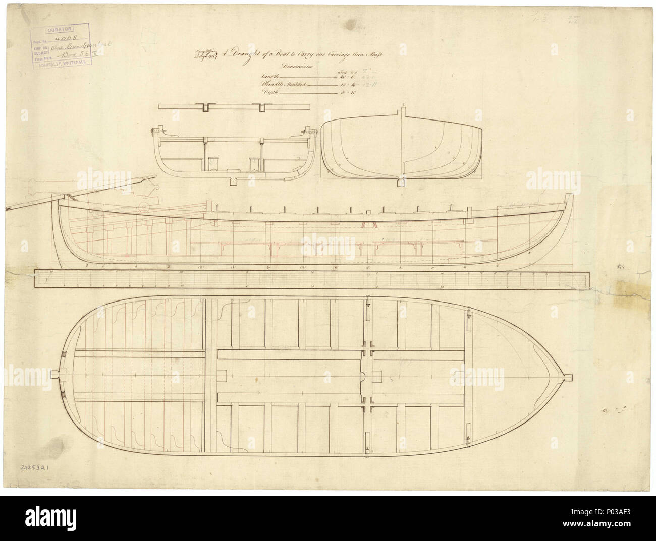 . English: 42ft Gunboat (1781) Scale: 1:24. Plan showing the midship ...
