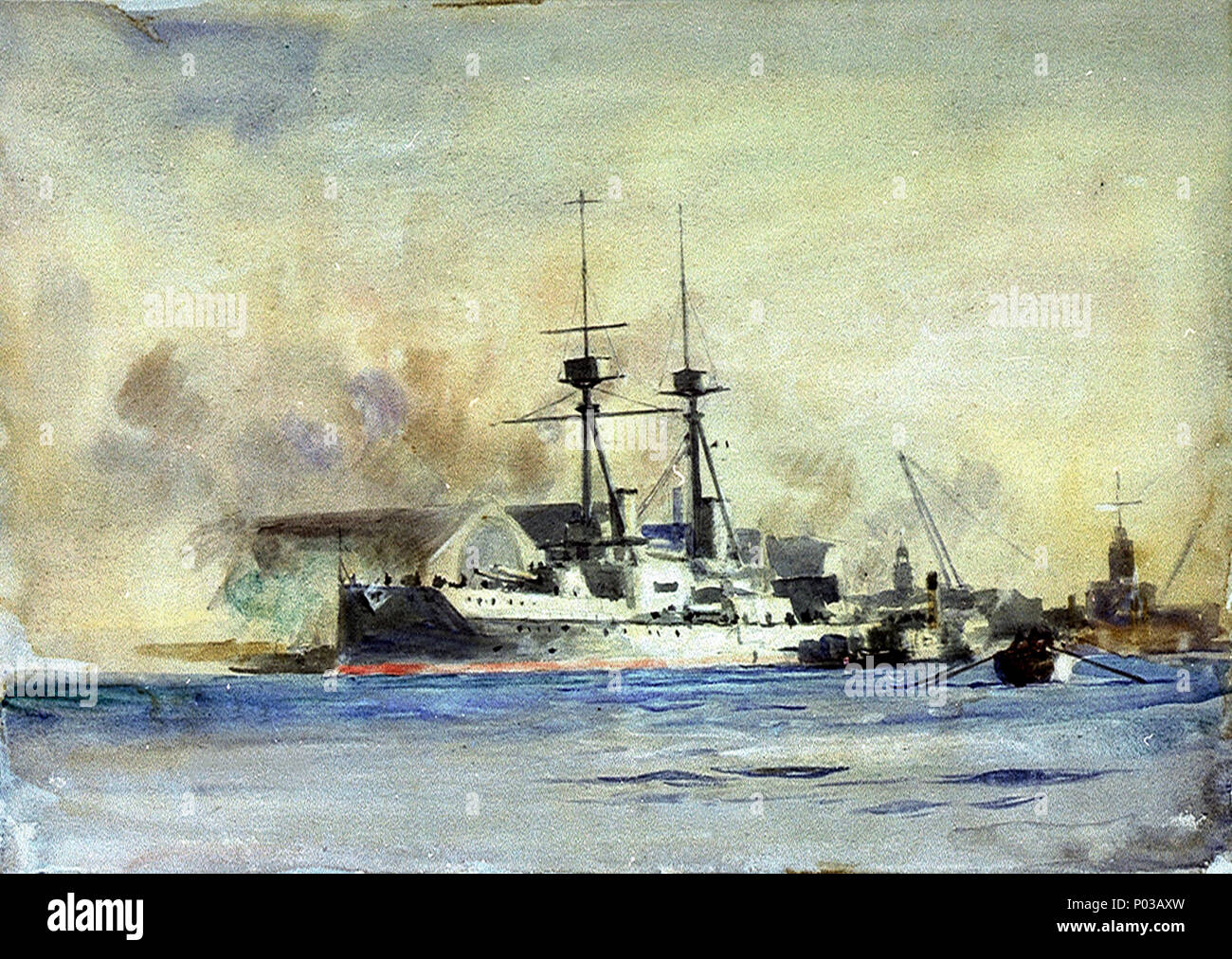 . English: A battleship, probably the 'St Vincent', fitting out at at ...