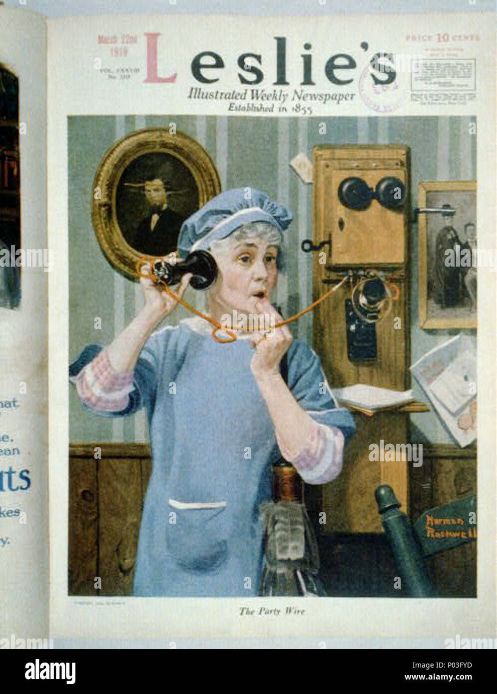 The Party Wire (woman in apron with feather duster with wall telephone ...