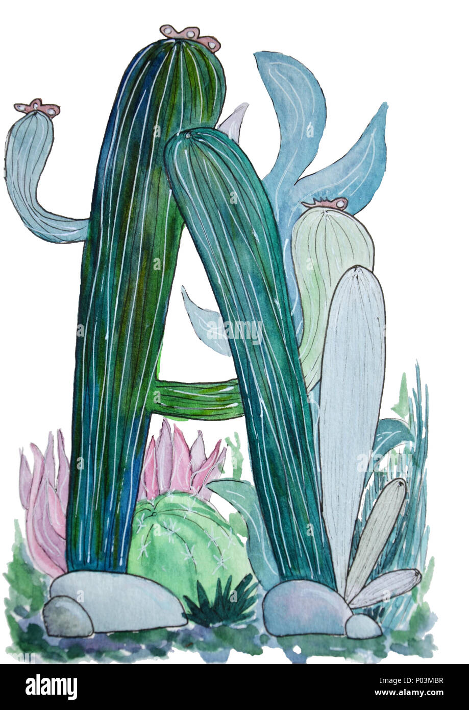 Watercolor illustration with cactus. background with Letter - A. Cool ...