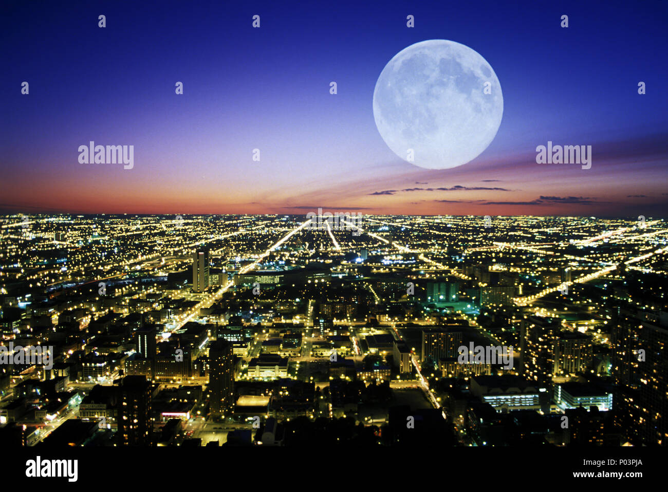 1992 HISTORICAL LARGE MOON OVER GRID NETWORK OF ROADS SUBURBS CHICAGO ...