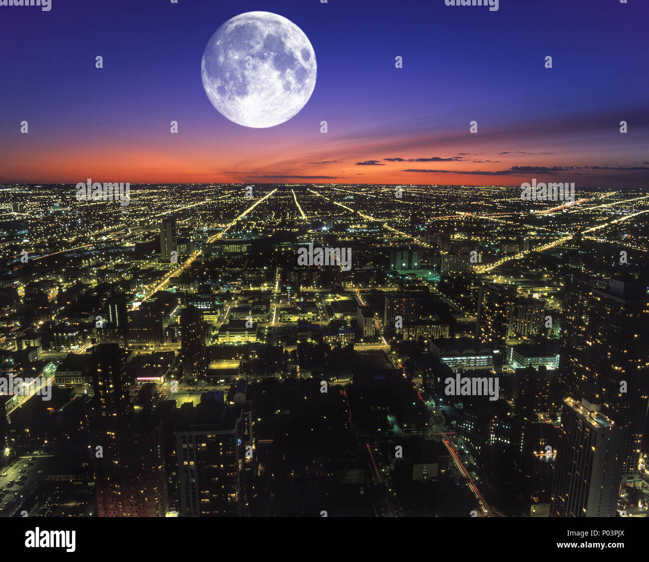 1992 HISTORICAL LARGE MOON OVER GRID NETWORK OF ROADS SUBURBS CHICAGO ...