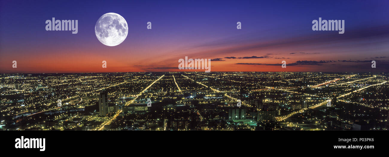 1992 HISTORICAL LARGE MOON OVER GRID NETWORK OF ROADS SUBURBS CHICAGO ...