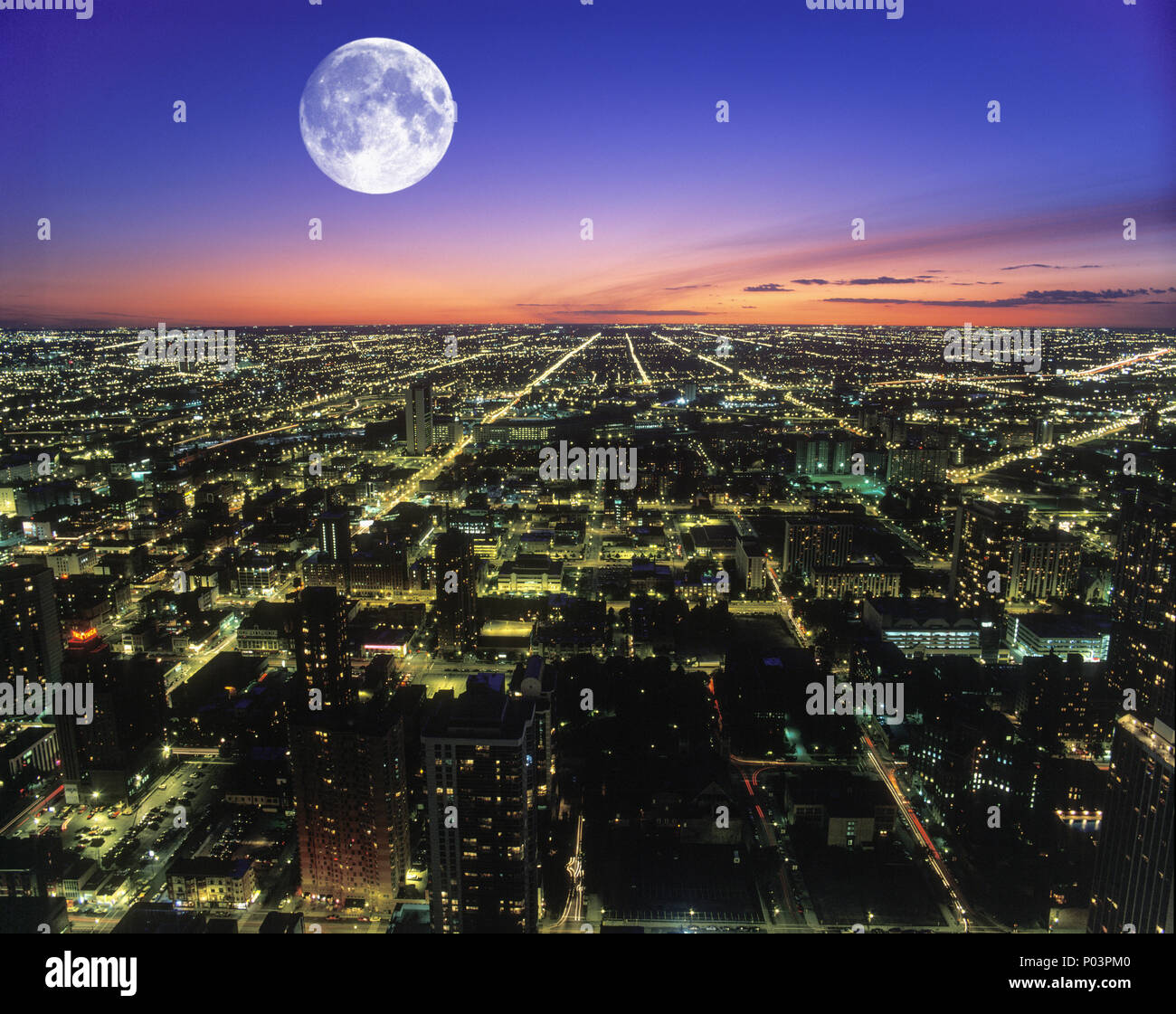 1992 HISTORICAL LARGE MOON OVER GRID NETWORK OF ROADS SUBURBS CHICAGO ...